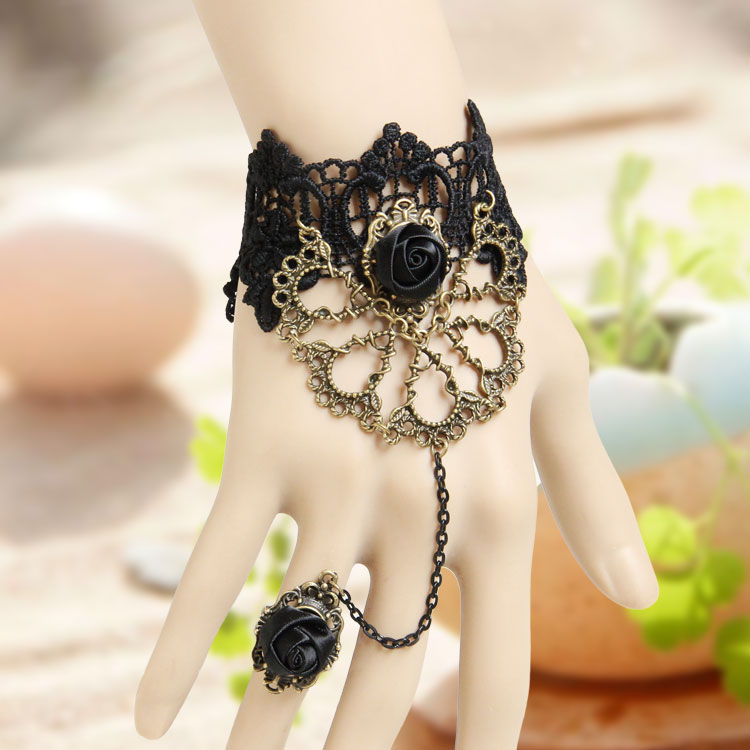 Gothic Vintage Vampire Black Rose Lace Ring Bracelet Wristband Set ...
