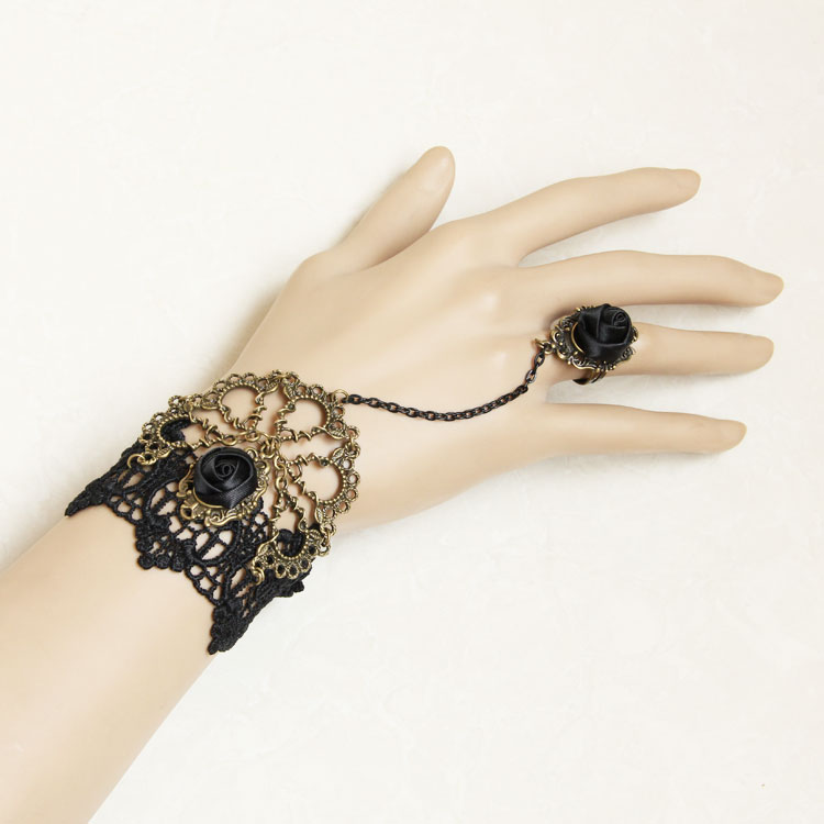 Gothic Vintage Vampire Black Rose Lace Ring Bracelet Wristband Set ...